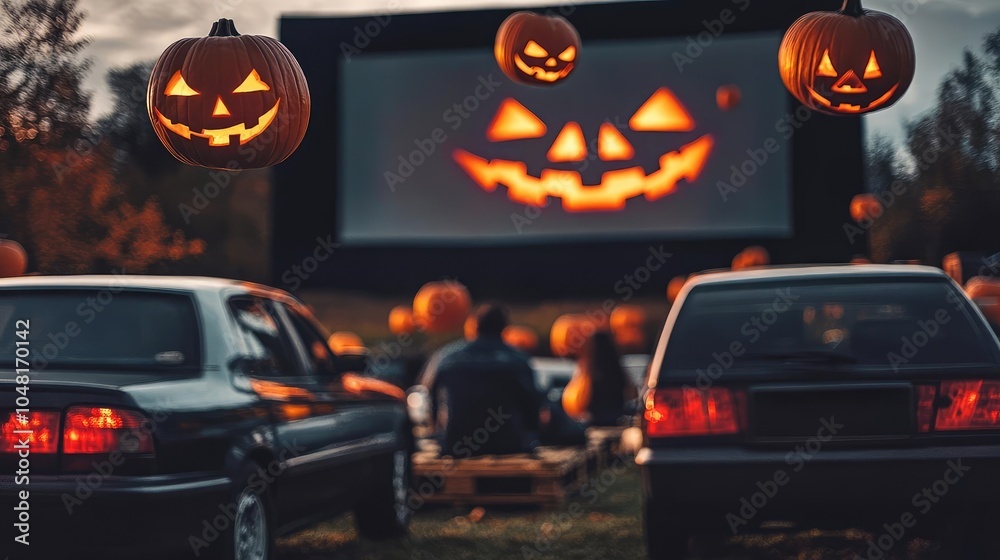 Spooky Halloween Drive-In Movie Night Scene Stock Illustration | Adobe ...