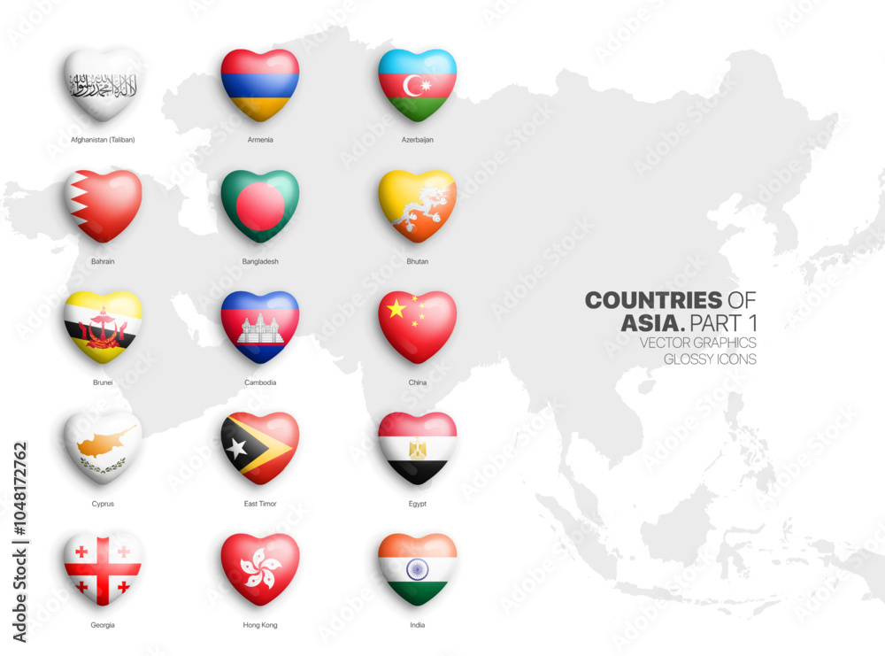 All Asian Countries Flags Vector 3D Heart Glossy Icons Set Isolate On ...