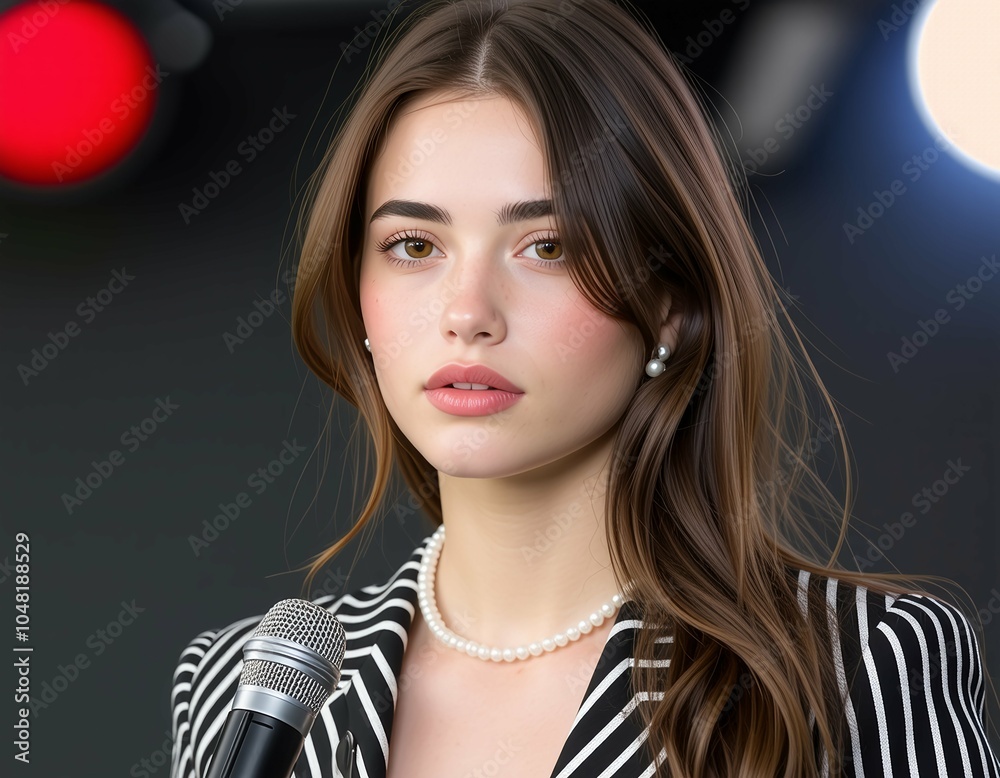 Confident Young Woman Speaking with Microphone on Stage Stock Photo ...