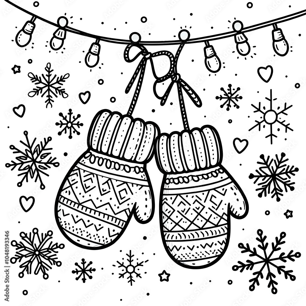 coloring page featuring a pair of cozy mittens, hanging by a string ...