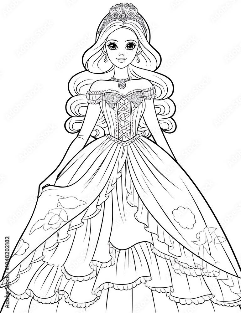 Simple coloring pages for children, featuring a princess in a ball gown ...