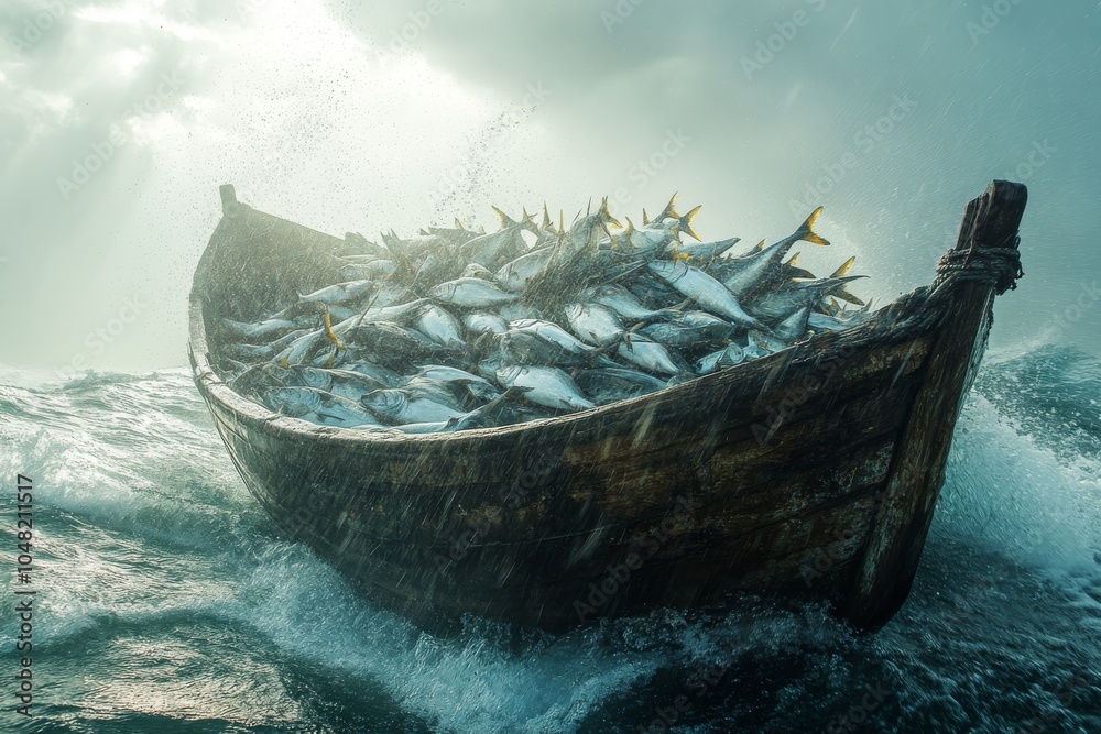 Peter's boat overflowing with fish, Bible story. Stock Photo | Adobe Stock