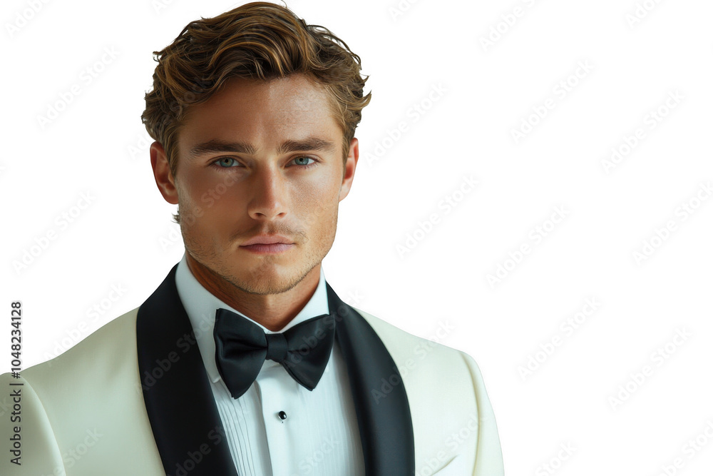 Man wearing White notch lapel tuxedo isolated on transparent background ...