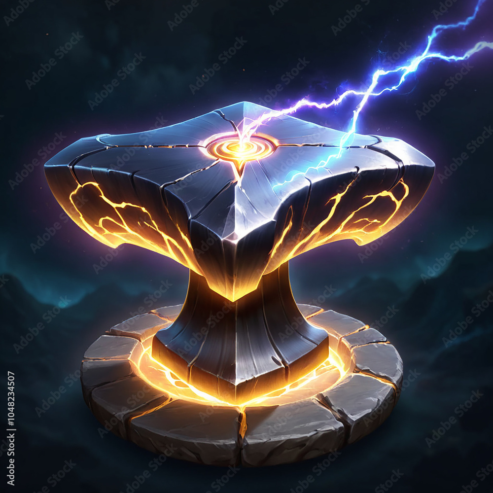 A large, metallic anvil with a glowing orange base sits on a circular ...