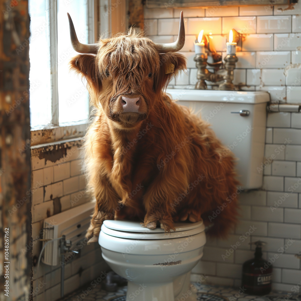 Whimsical Highland Cow Seated on a Toilet in a Rustic Bathroom Setting ...