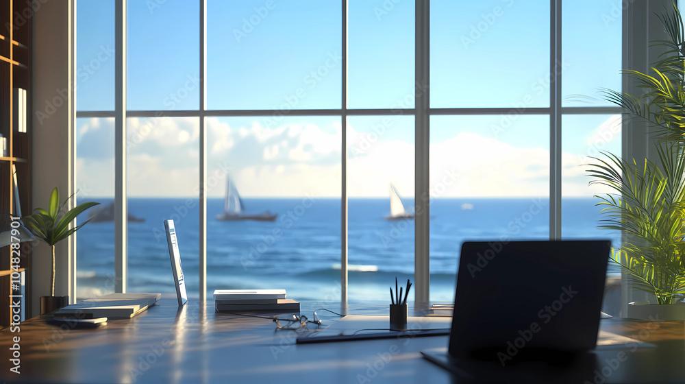 Zoom Background office with desk and computer and window with ocean ...