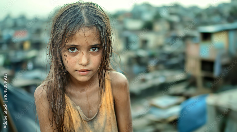 A young girl in worn clothes stands among slum buildings, her sad ...