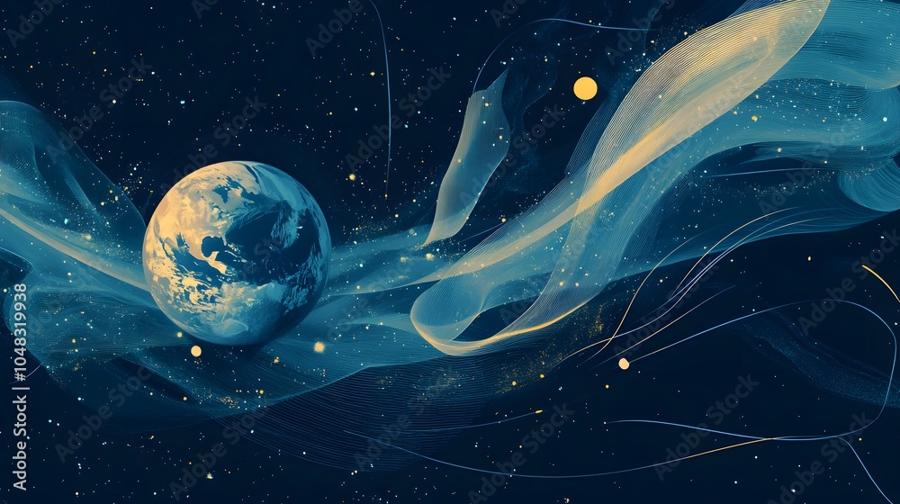 Abstract blue and gold planet Earth with Sun and flowing energy waves ...