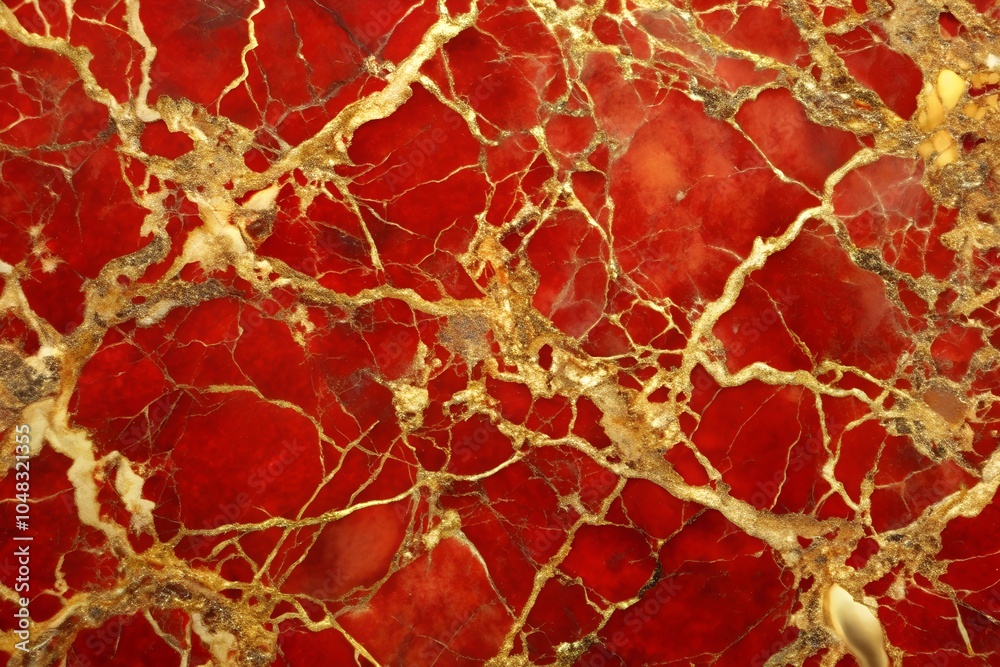 Deep red marble with intricate gold veining, creating a bold and ...