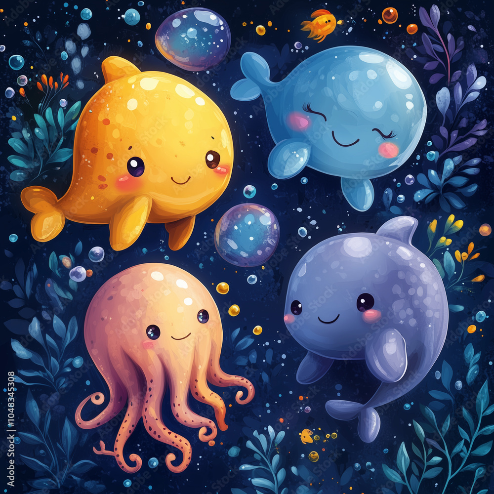 Cute and colorful underwater sea creatures such as dolphin and octopuse ...