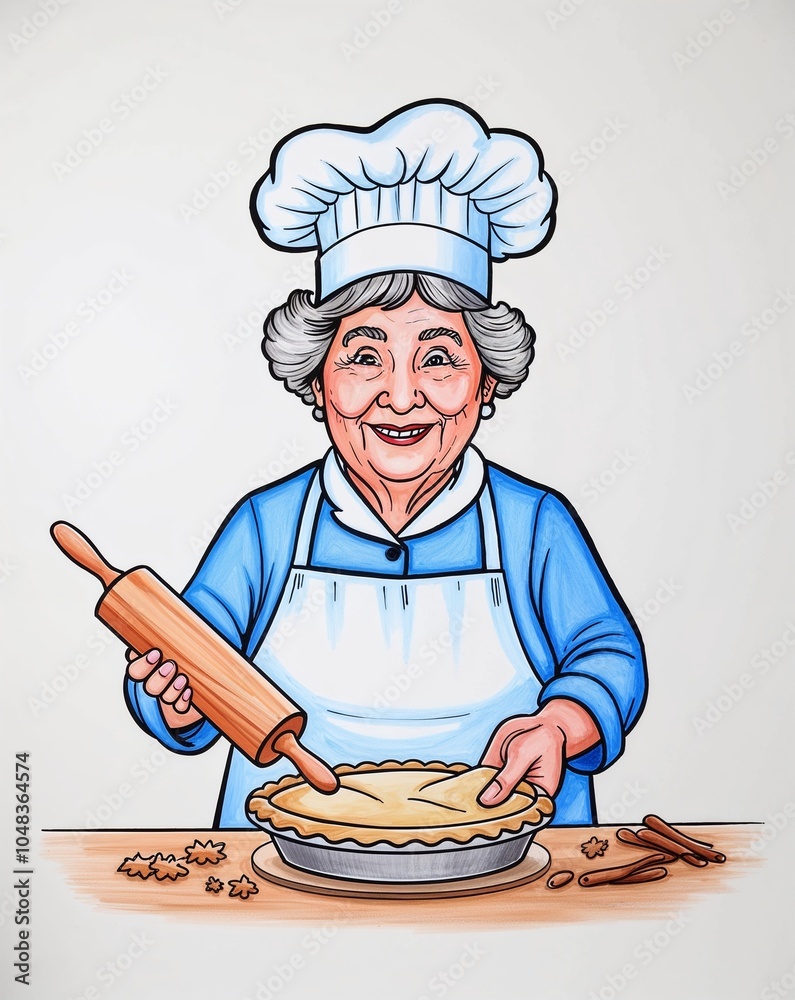 Hand drawing clipart of a grandmother chef baking a pie with a rolling ...