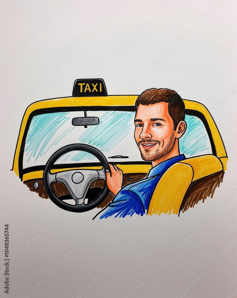 Hand drawing clipart of a man taxi driver with a steering wheel and ...
