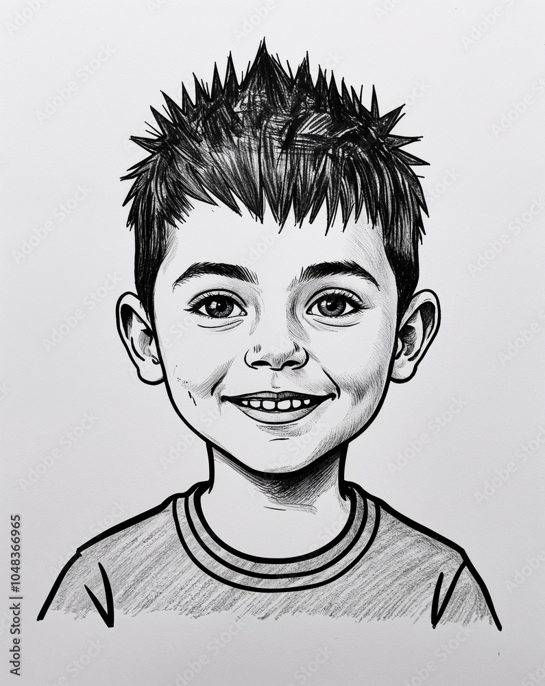 Hand drawing clipart of a young boy with short, spiky hair on plain ...