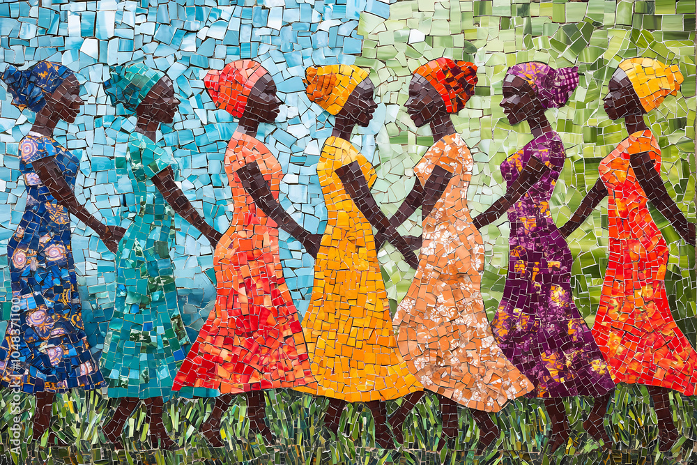 Mosaic art of African women in colorful dresses and headscarves ...