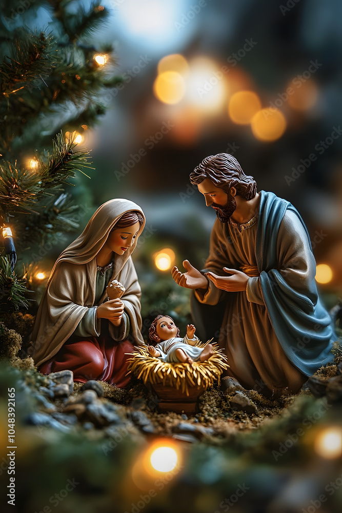 Mary and joseph admiring their son in a christmas nativity scene ...