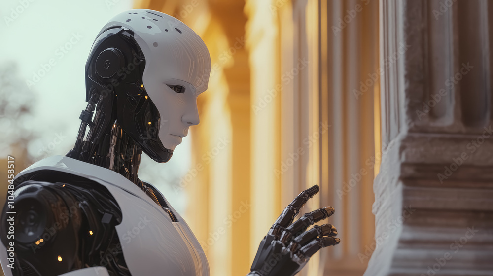 Humanoid robot with an elegant white and black color scheme design on a blurred background of ...