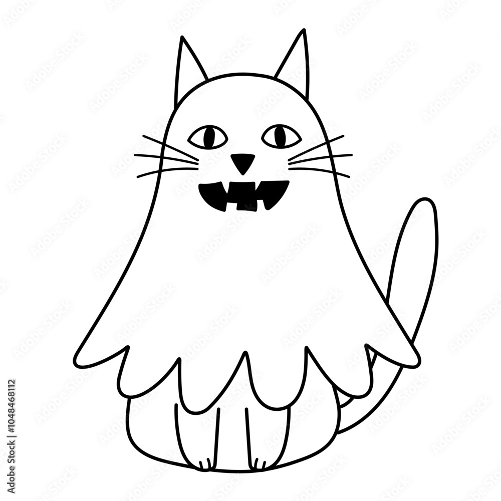 Spooky cat in a ghost costume. Halloween coloring page for kids. Trick ...
