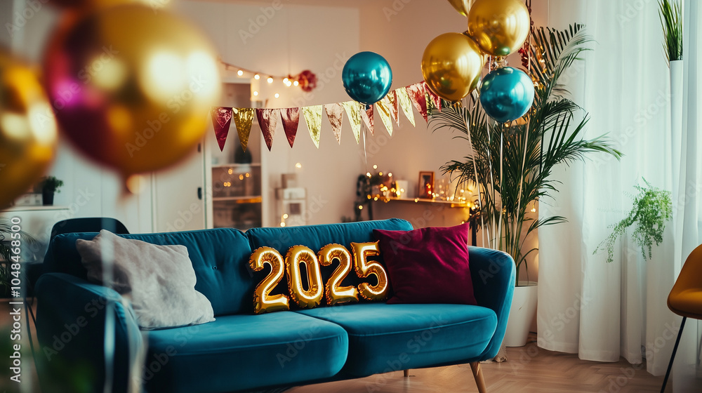Cozy New Year's Eve party decor with 2025 balloons in living room Stock ...