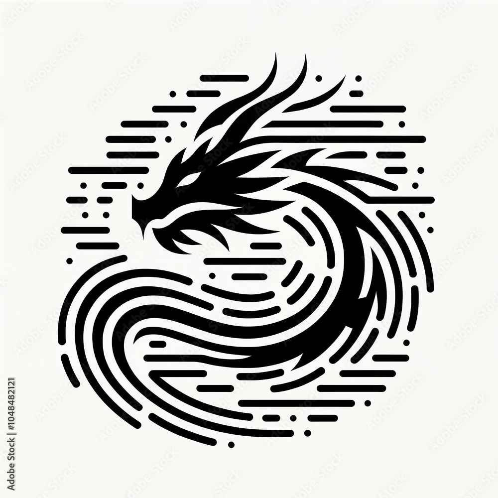 Dynamic black dragon silhouette in a circular design with flowing lines ...