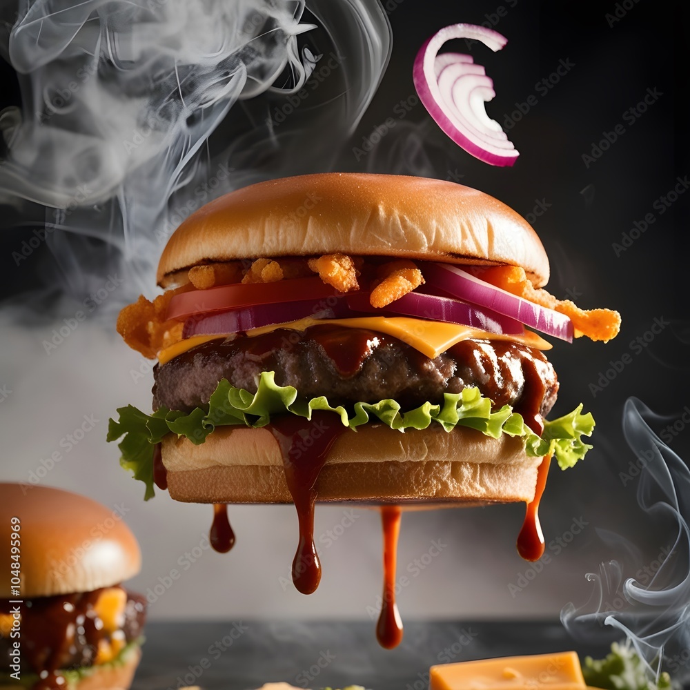 Close-up of a burgA classic cheeseburger with lettuce, tomato, and red ...