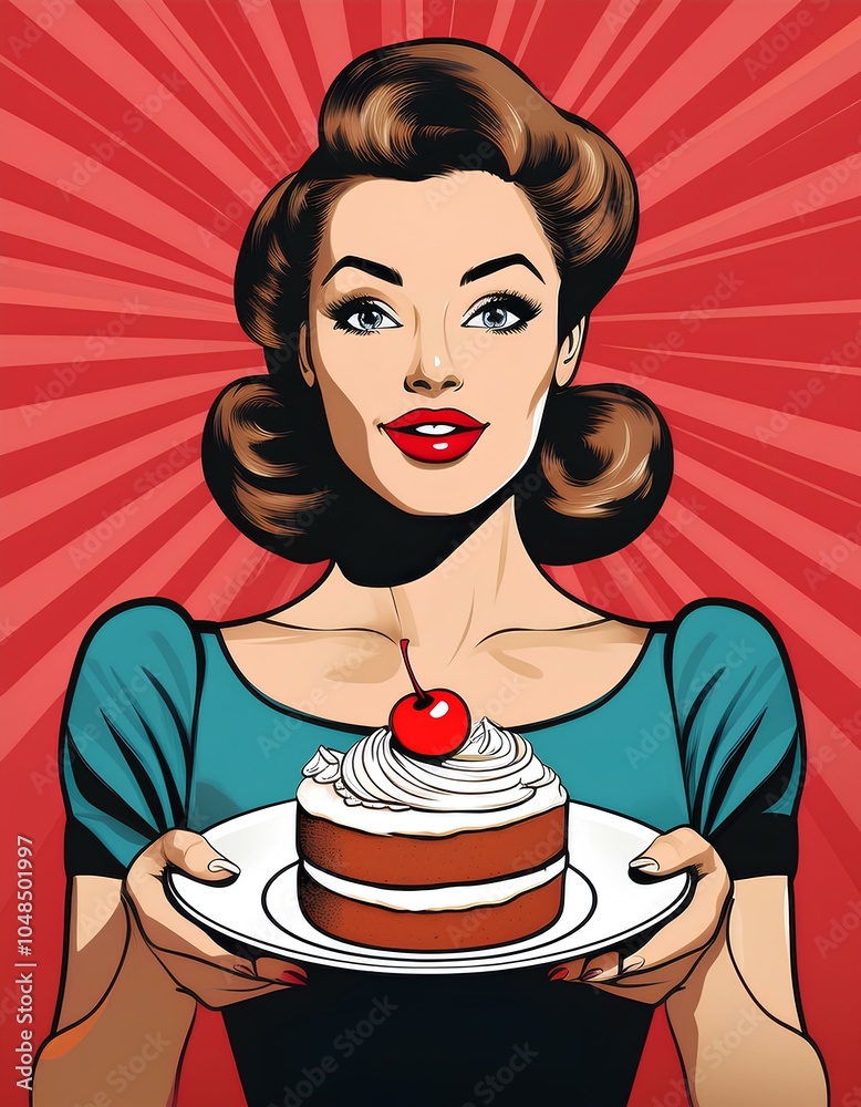 Pop Art Pin Up Girl With Red Lips And A Cake On Her Plate Vintage