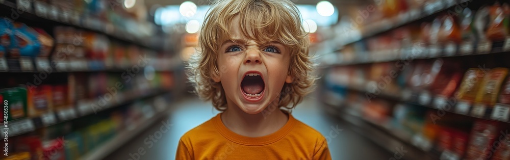 Angry child screaming in grocery store tantrum situation Stock ...