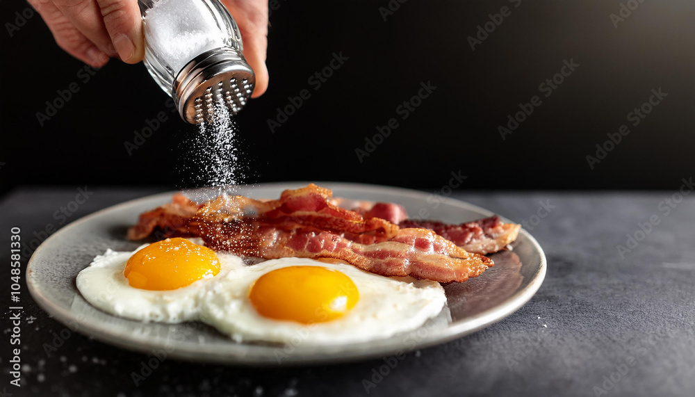 Sprinkles eggs and bacon with salt from a shaker. An excess of sodium ...