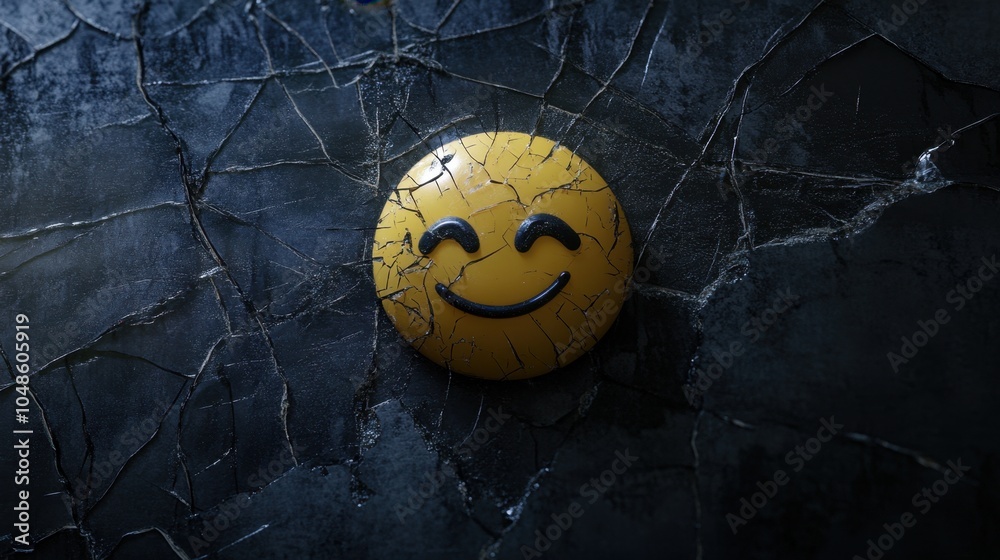Sad face emoji on a cracked black glass background, representing the ...
