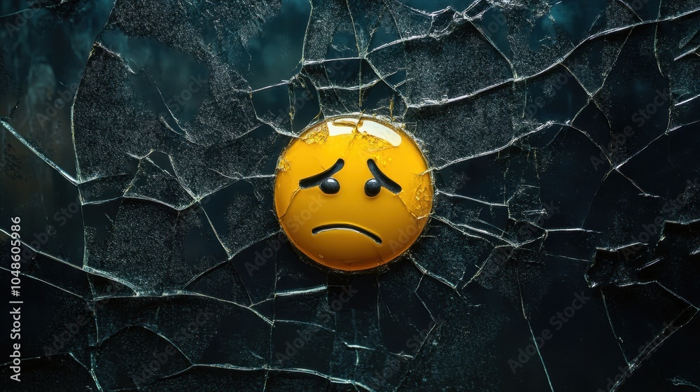 Sad face emoji on a cracked black glass background, representing the ...