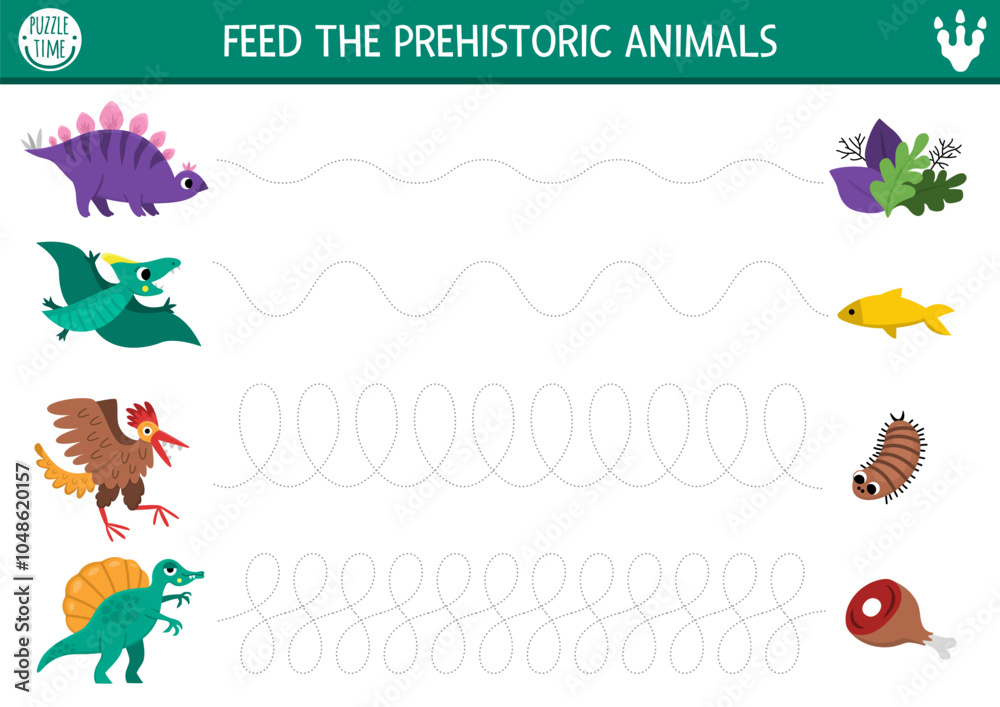 Vetor do Stock Vector handwriting practice worksheet. Feed the dinosaur ...