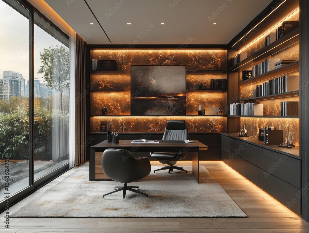 Minimalist study room with white walls and black furniture, keeping the ...