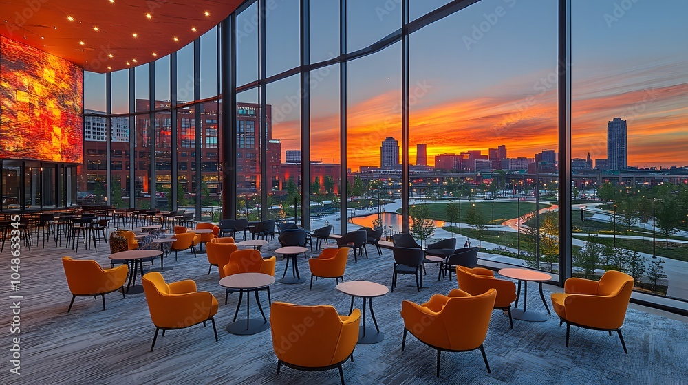 Open office environment with communal tables, high-back chairs, and ...