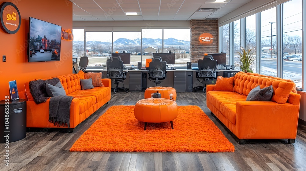 Expansive office layout with shared workspaces, modern decor, and ...