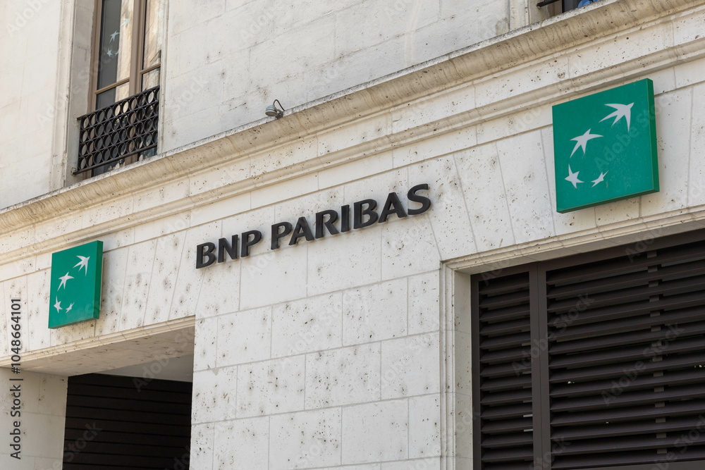 BNP Paribas logo sign on the office wall. Angouleme, France. 14 July ...