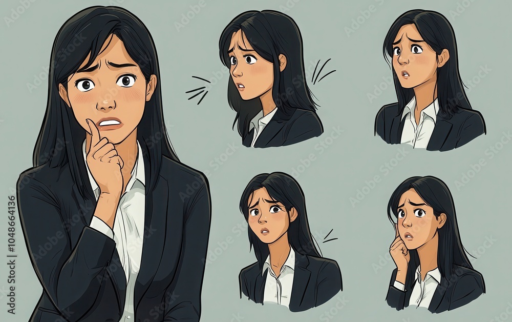 Illustration of an Asian woman in business attire, displaying a range ...