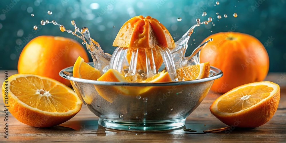 An overripe orange being squeezed for its juice with the resulting ...