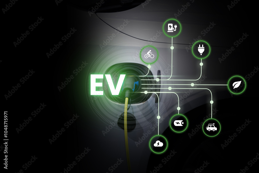 Dark background with electric vehicle charging station, surrounded by ...