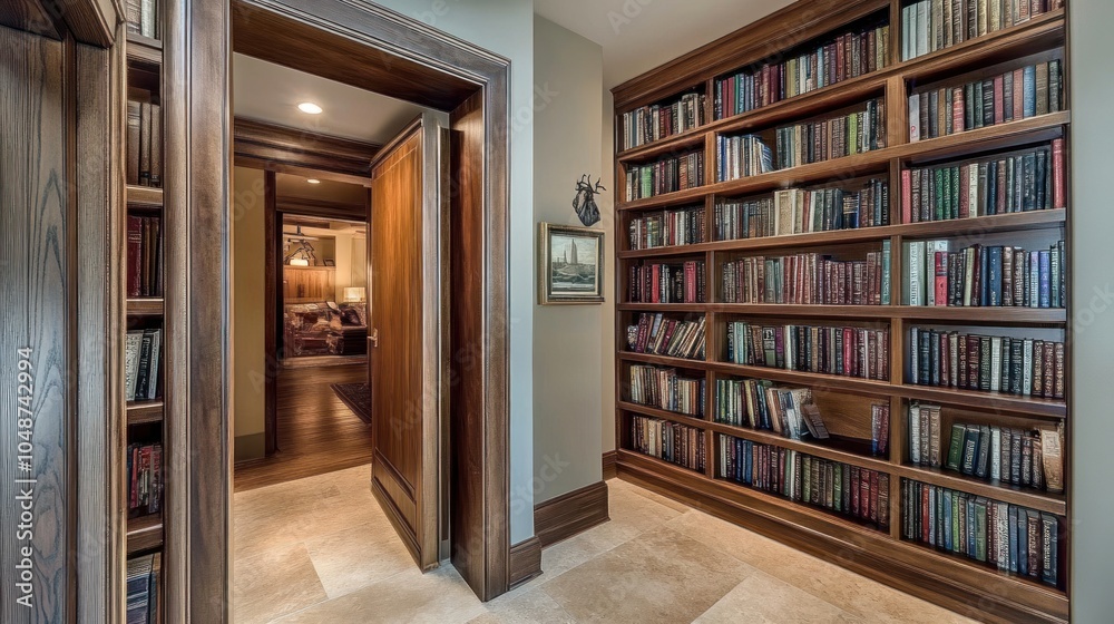 Hidden safe room cleverly concealed behind a bookshelf, blending ...