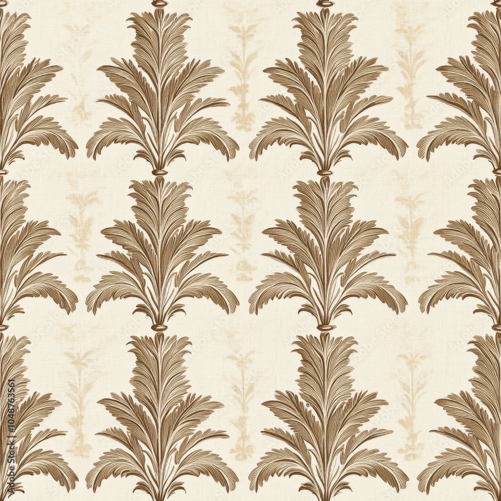 Vintage Neoclassical palmette pattern on vintage beige fabric background, seamless repeating ...