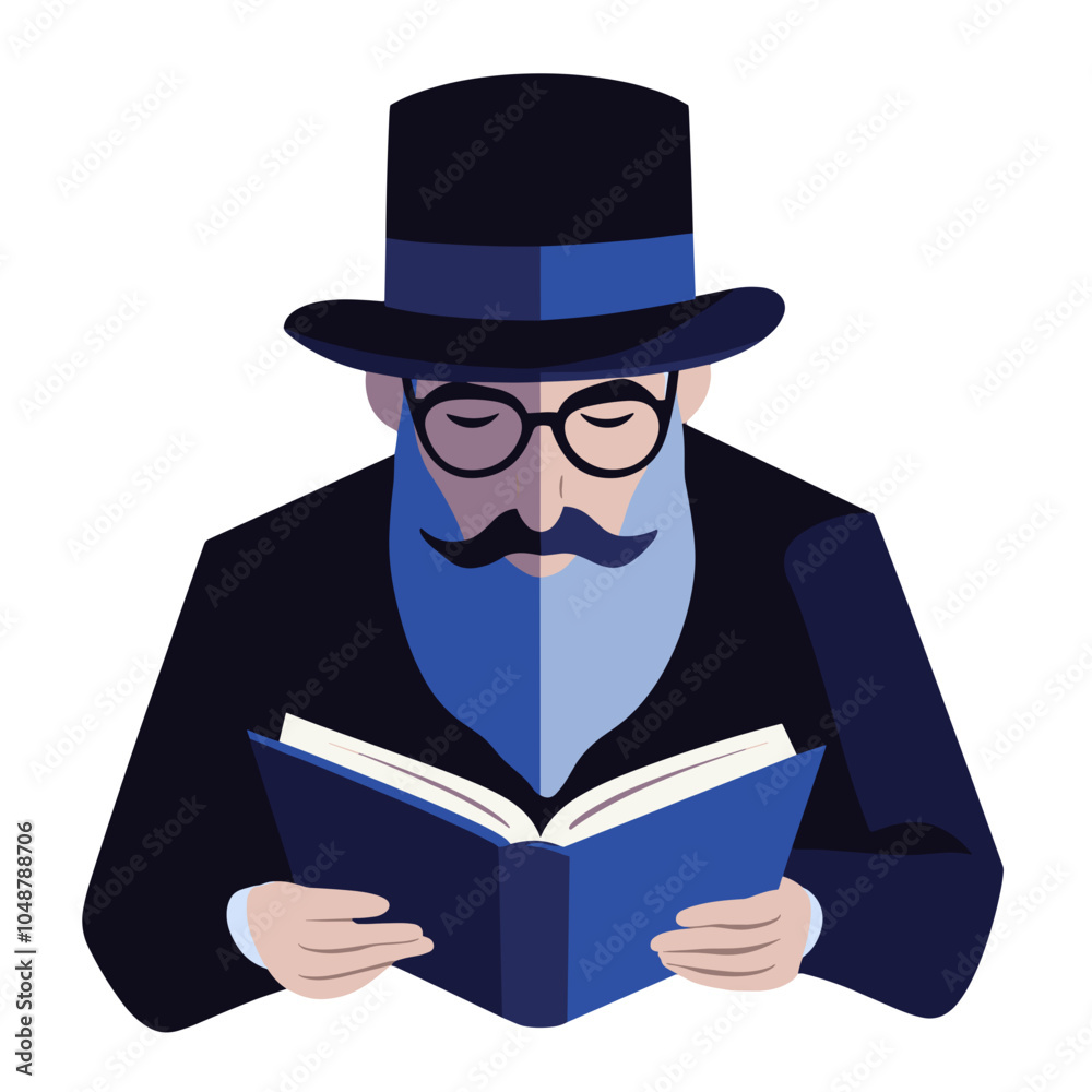 Minimalist Vektor of a Rabbi with Glasses and Black Hat Reading a Blue ...