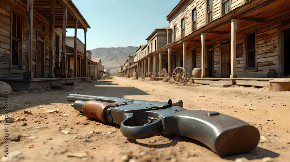 old gun sets panorama Cowboys city wild west town with vintage ...