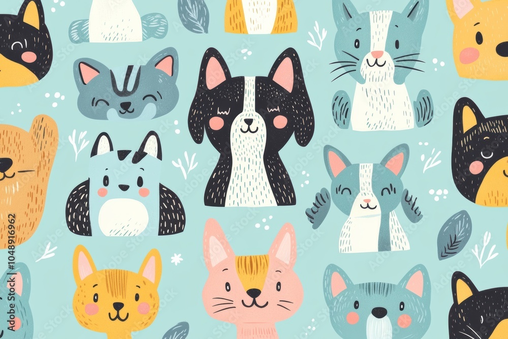 Playful pattern of various pets like cats and dogs, illustrated in ...