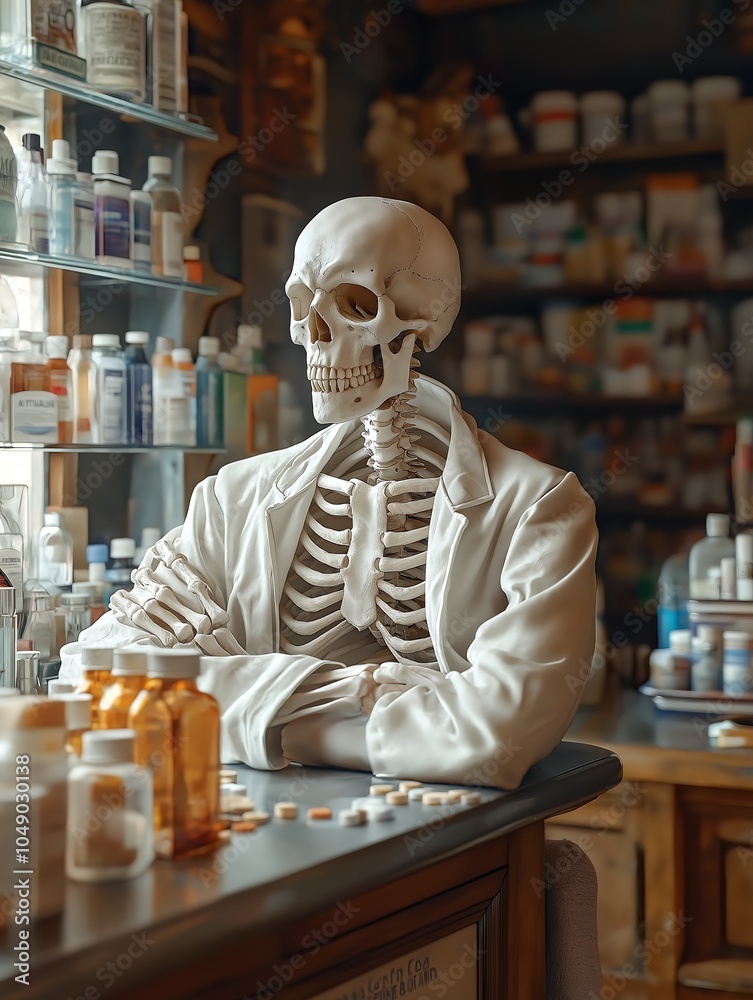 hyper realistic photo of a very exhausted skeleton pharmacist behind ...