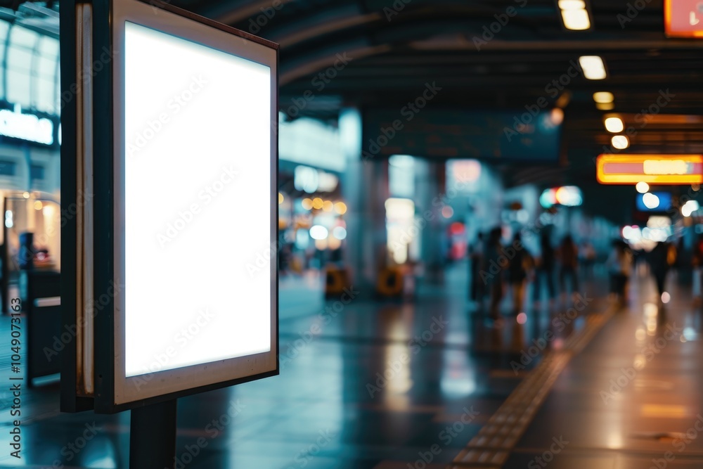 White billboard sits in a busy train station. The billboard is empty ...