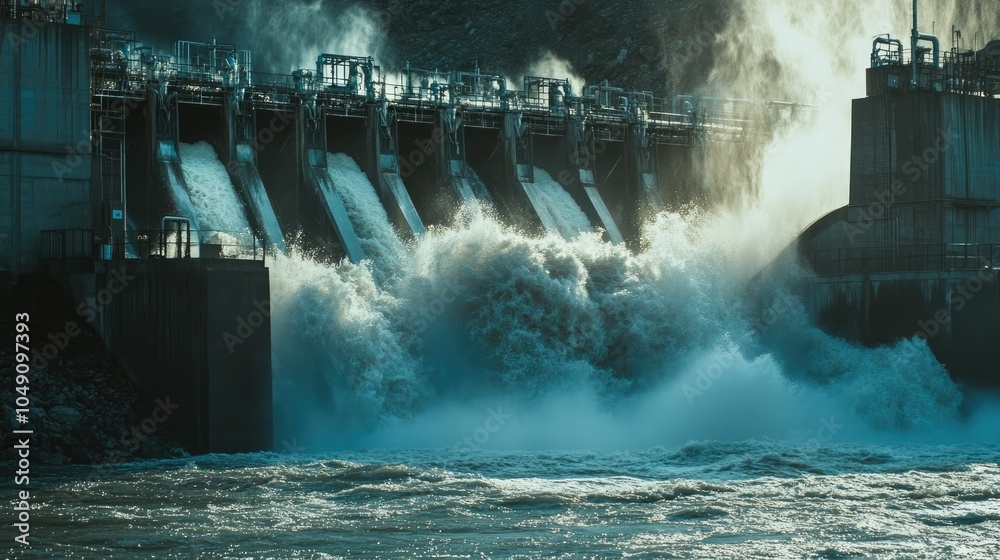 Intense water surge gushing from a hydroelectric dam, creating powerful ...