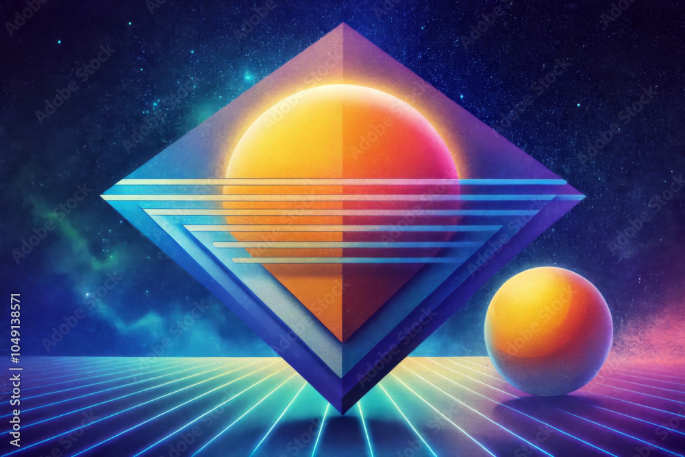 Geometric design with a large, radiating sun, partially surrounded by a ...