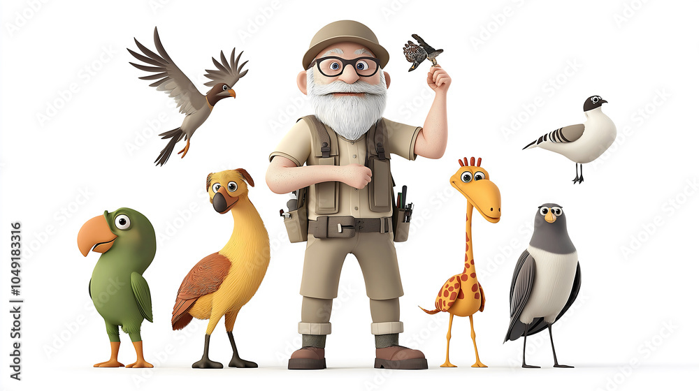 A cartoon zoologist character introduces various bird species while ...