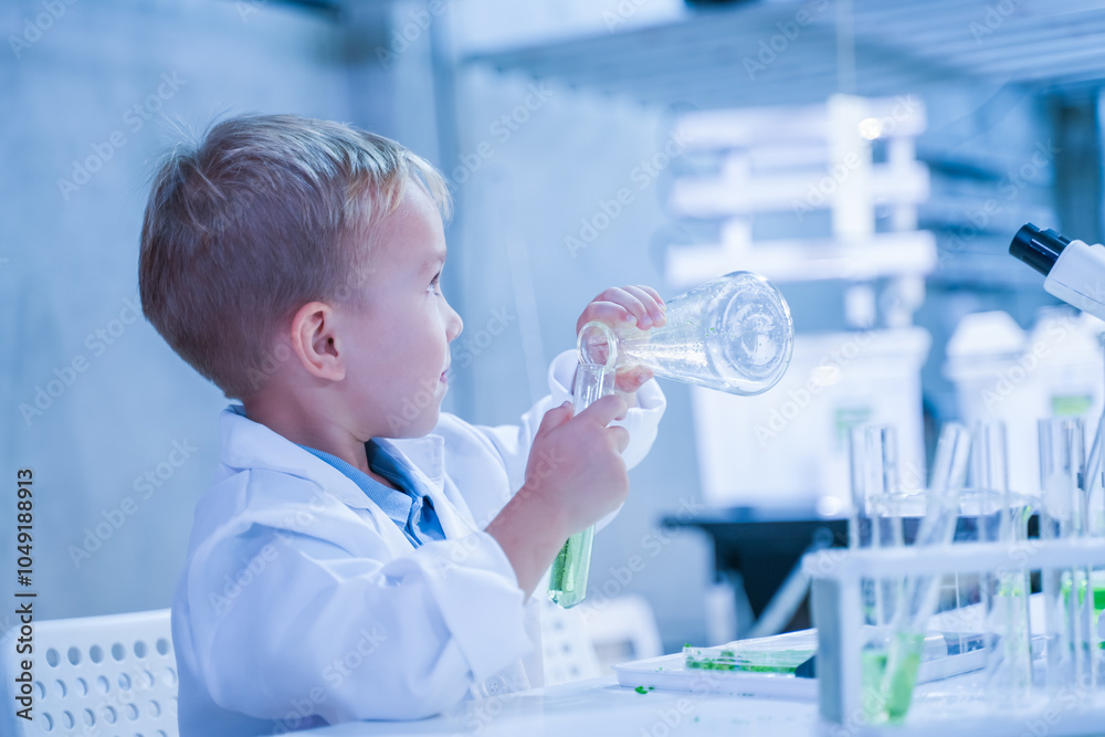 Science Experiment Kid, Boy Children in white lab coats engage with the ...