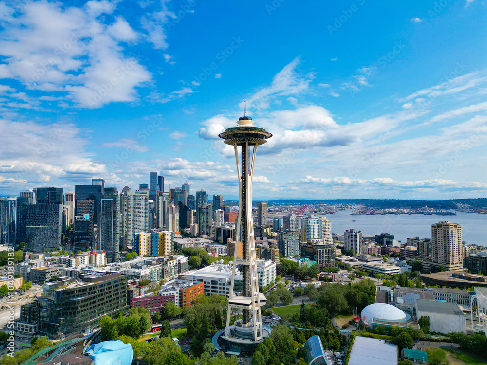 Seattle downtown skyline. Aerial majestic Seattle. Space Needle. Modern ...
