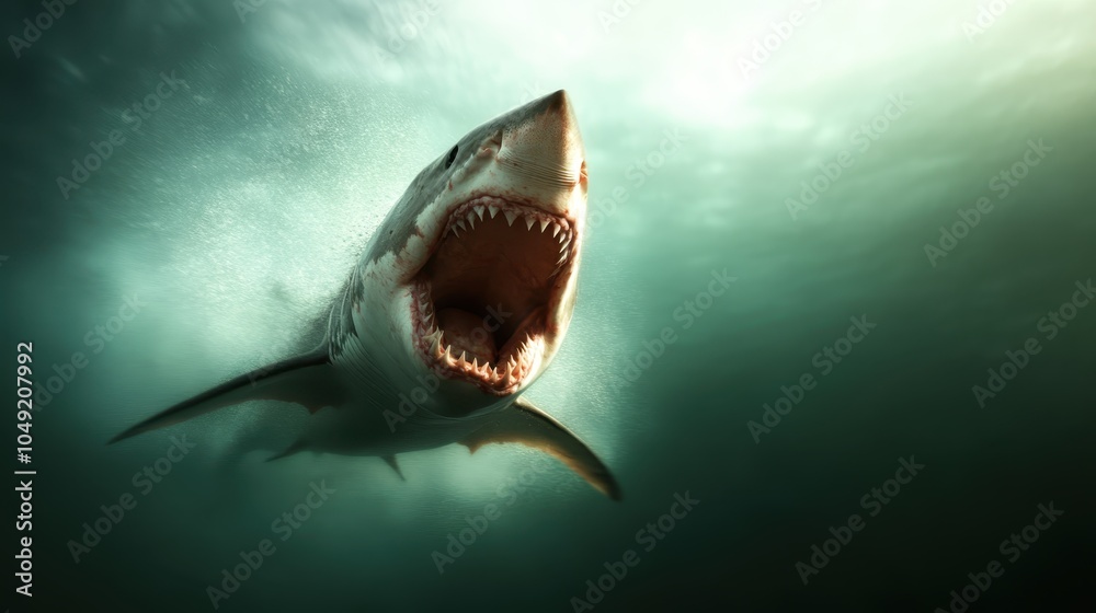 An impressive great white shark emerges with jaws wide open ...